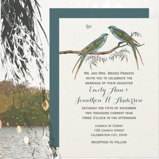Love Bird Blue Green Forest Willow Grove Wedding Invitation | Zazzle