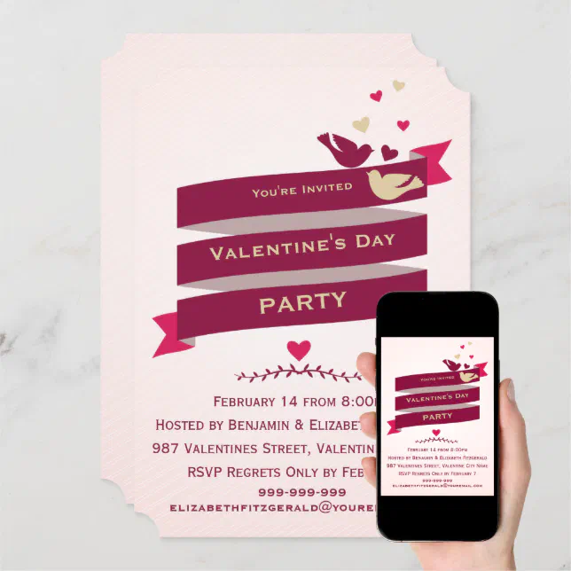 Love Birds and Hearts Banner Valentines Party Invitation | Zazzle