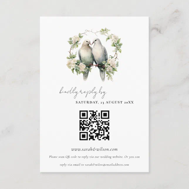 Love Birds Botanical Wreath Wedding QR Code RSVP Enclosure Card | Zazzle