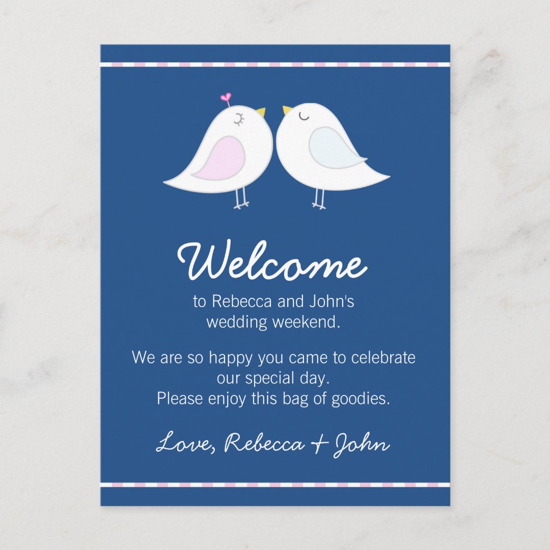 Love Birds on Navy Blue Wedding Welcome Card | Zazzle