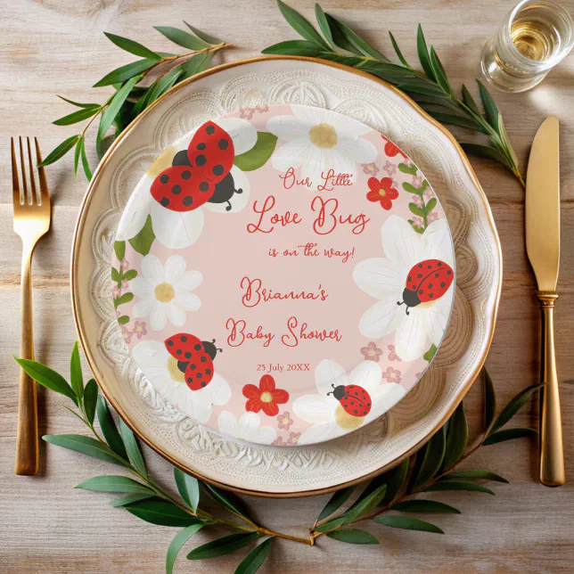 Love bug cute ladybug baby shower monogrammed paper plates | Zazzle