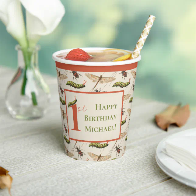 Love Bug Insect Custom Name 1st Birthday Paper Cups | Zazzle