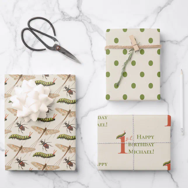 Love Bug Insect Custom Name 1st Birthday Wrapping Paper Sheets | Zazzle