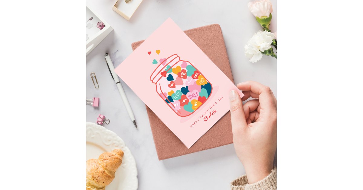 Love Candy Heart Messages Mason Jar Valentine Holiday Card | Zazzle