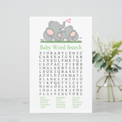 Love Elephants Baby Shower Word Search Game | Zazzle