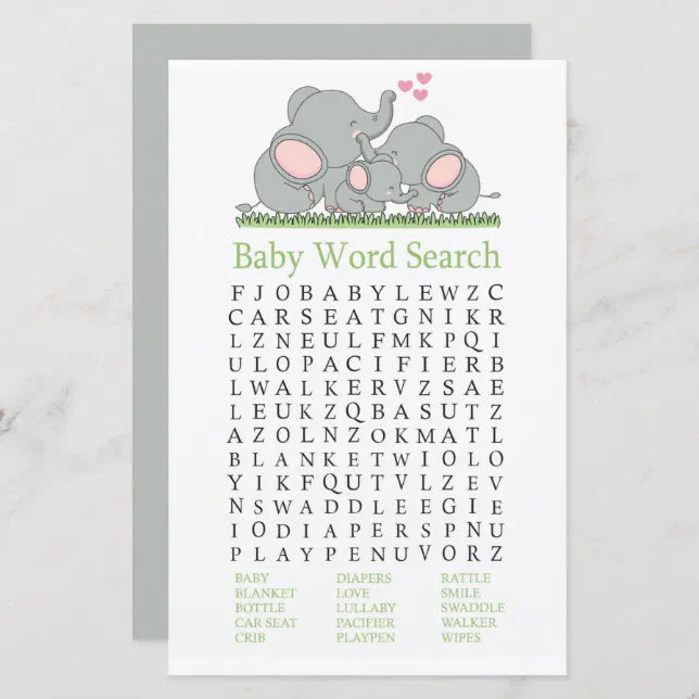 Love Elephants Baby Shower Word Search Game | Zazzle