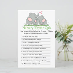 Love Elephants Nursery Rhyme Quiz baby shower game | Zazzle
