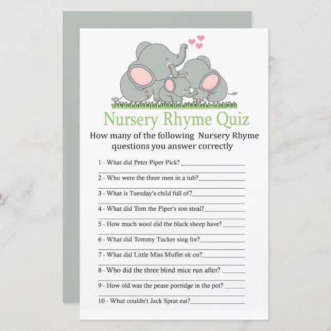 Love Elephants Nursery Rhyme Quiz baby shower game | Zazzle