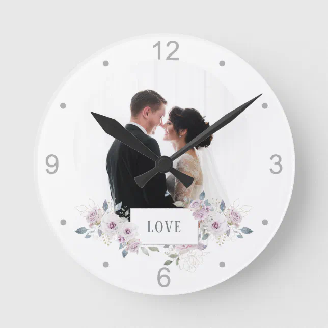 Love | Floral Embellished Photo Round Clock | Zazzle