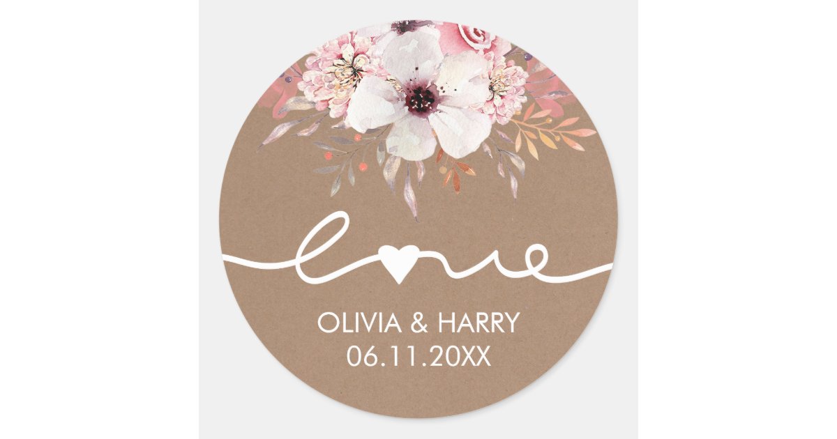 Love Floral Wedding Favor Stickers | Kraft | Zazzle