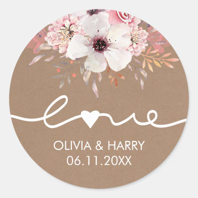 Love Floral Wedding Favor Stickers | Kraft | Zazzle