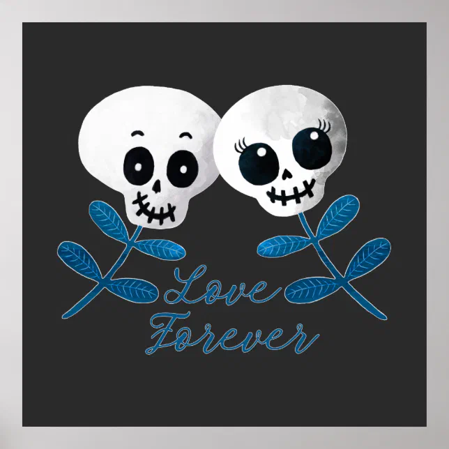 Love Forever Two Cute Halloween Blue Flower Skulls Poster | Zazzle