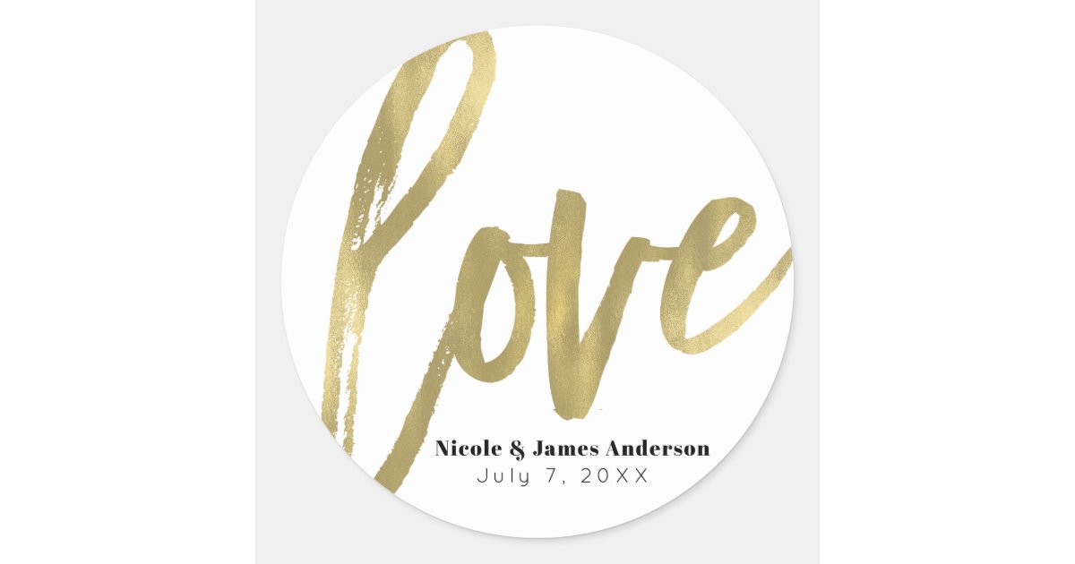 LOVE Gold Modern Typography Wedding Favor Classic Round Sticker | Zazzle