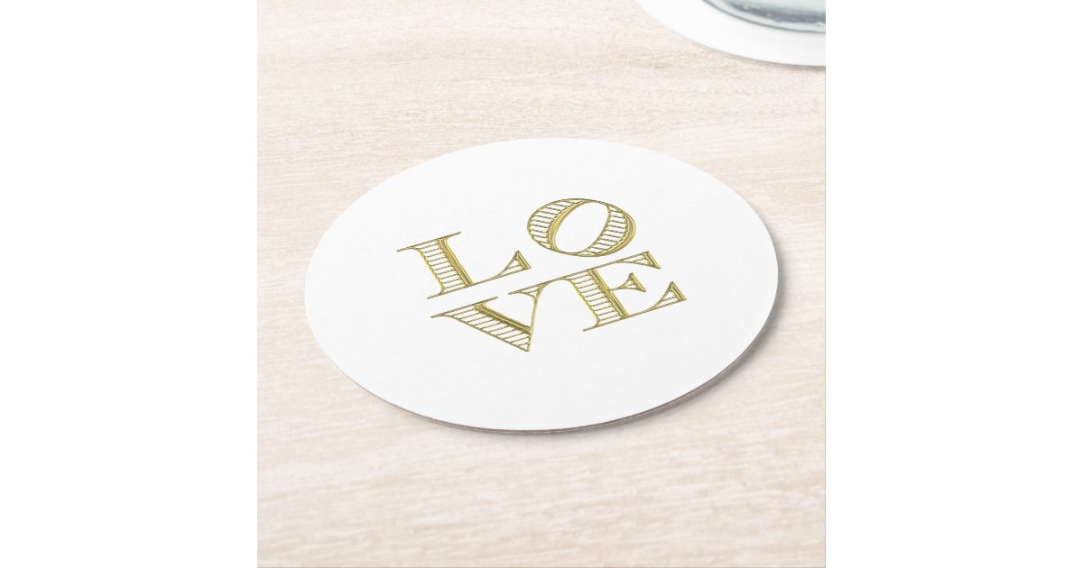 LOVE Graphic Text - Faux Gold Round Paper Coaster | Zazzle