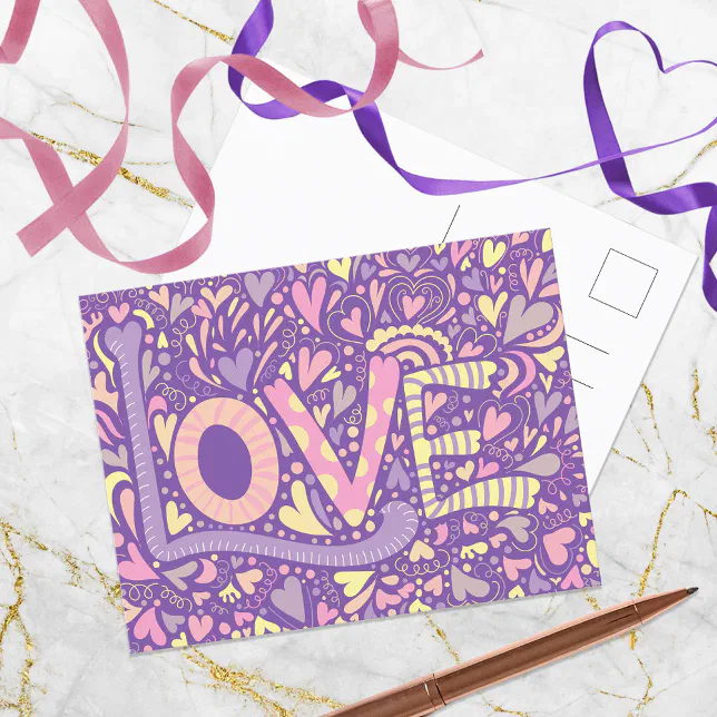LOVE Hand Drawn Doodle Colorful Calligraphy Postcard | Zazzle