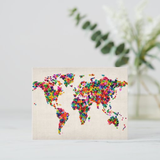 Love Hearts Map of the World Map Postcard | Zazzle