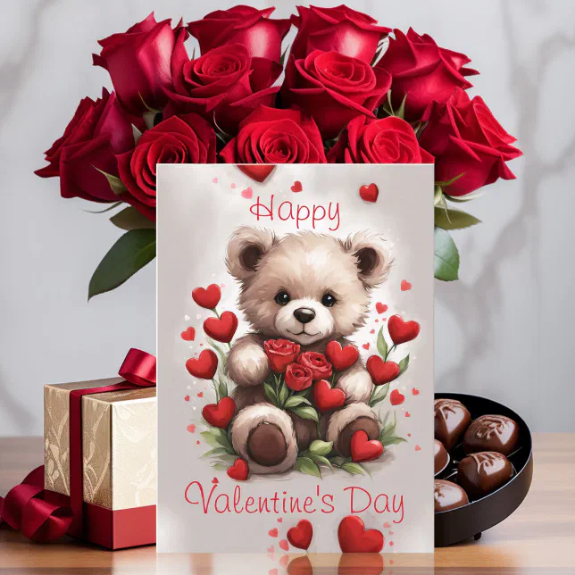 Love Hearts Teddy Bear and Roses Valentines Day Card | Zazzle