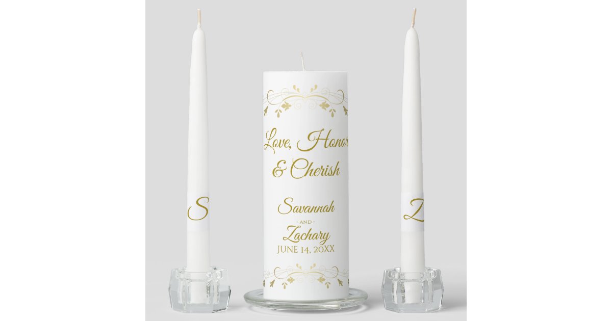 Love Honor Cherish Simple Elegant Gold & White Unity Candle Set | Zazzle