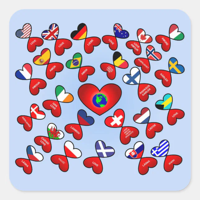 Love in Different World Languages Cute Heart Square Sticker | Zazzle