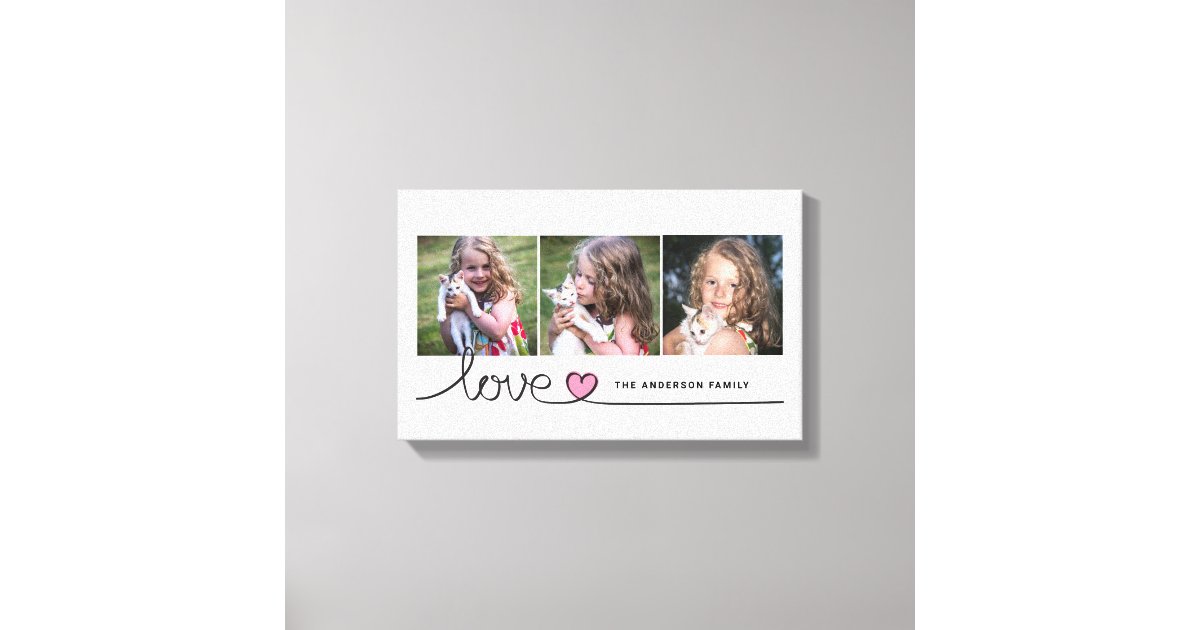 Love in Pink Heart Script Custom Photo Collage Canvas Print | Zazzle