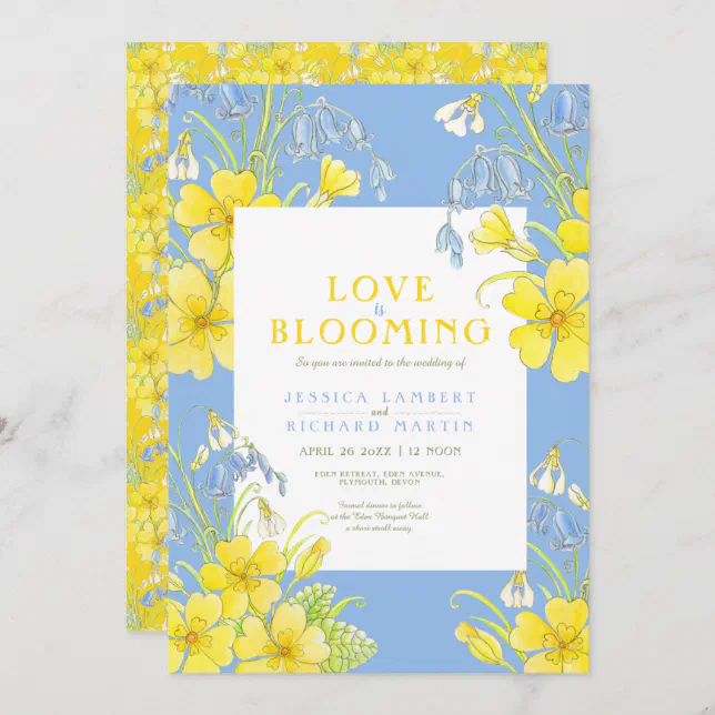 Love is blooming spring flower blue wedding invitation | Zazzle