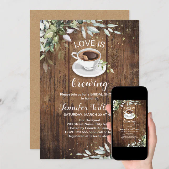Love is brewing Coffee Bar Rustic Bridal Shower Invitation | Zazzle