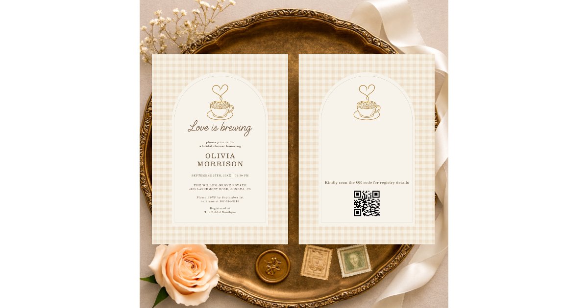Love is Brewing Coffee QR Code Bridal Shower Invitation | Zazzle