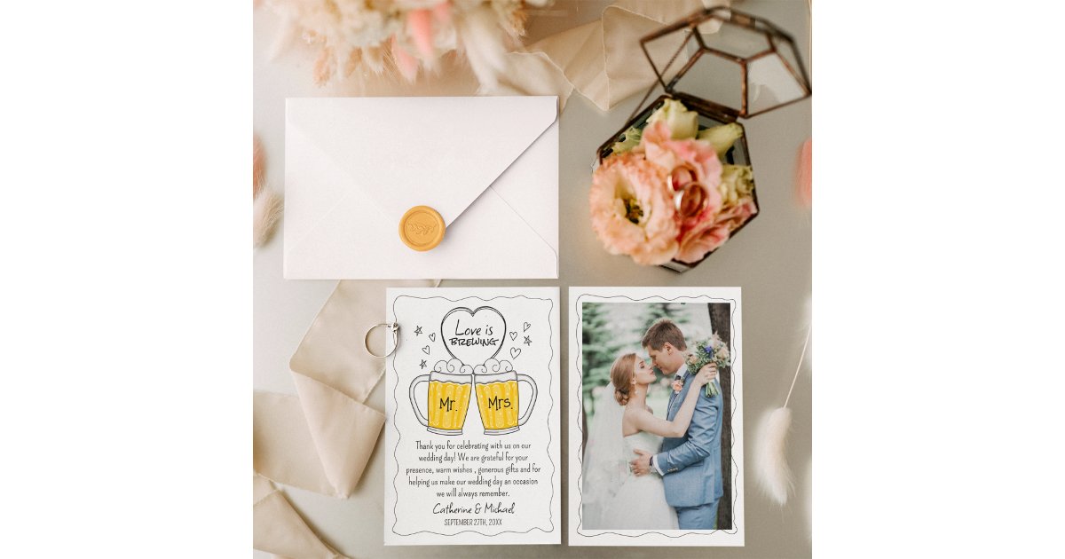 Love Is Brewing Hand Drawn Beer Glasses Wedding Thank You Card | Zazzle