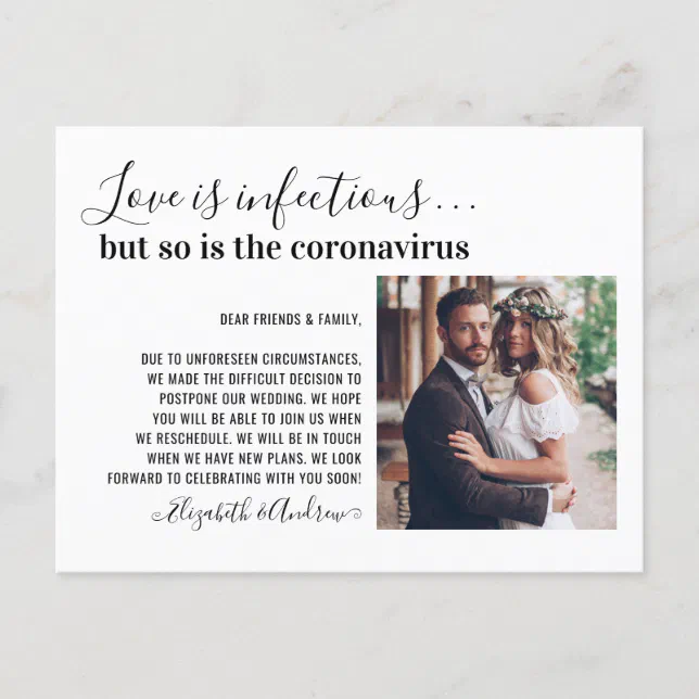 Love is Infectious Covid19 Photo Change the Date Announcement Postcard ...