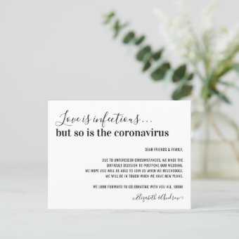 Love is Infectious Covid19 Wedding Postponement Announcement Postcard ...