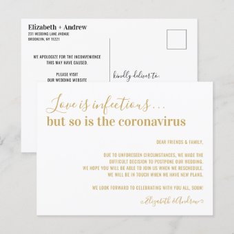 Love is Infectious Gold Wedding Postponement Announcement Postcard | Zazzle