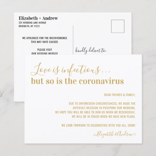 Love is Infectious Gold Wedding Postponement Announcement Postcard | Zazzle