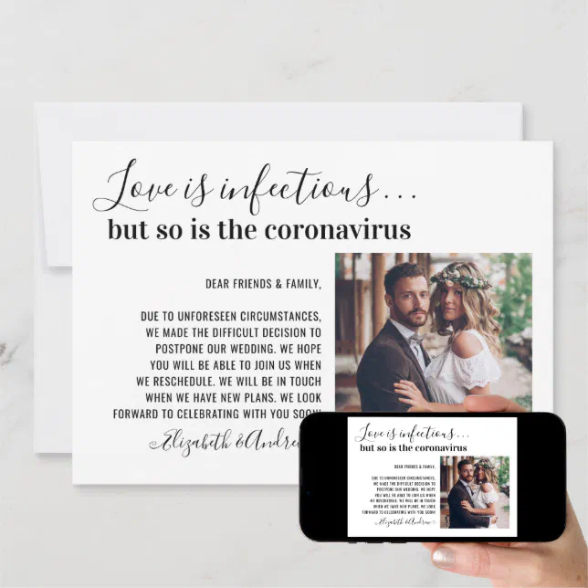 Love is Infectious Photo Change the Date Wedding Announcement | Zazzle