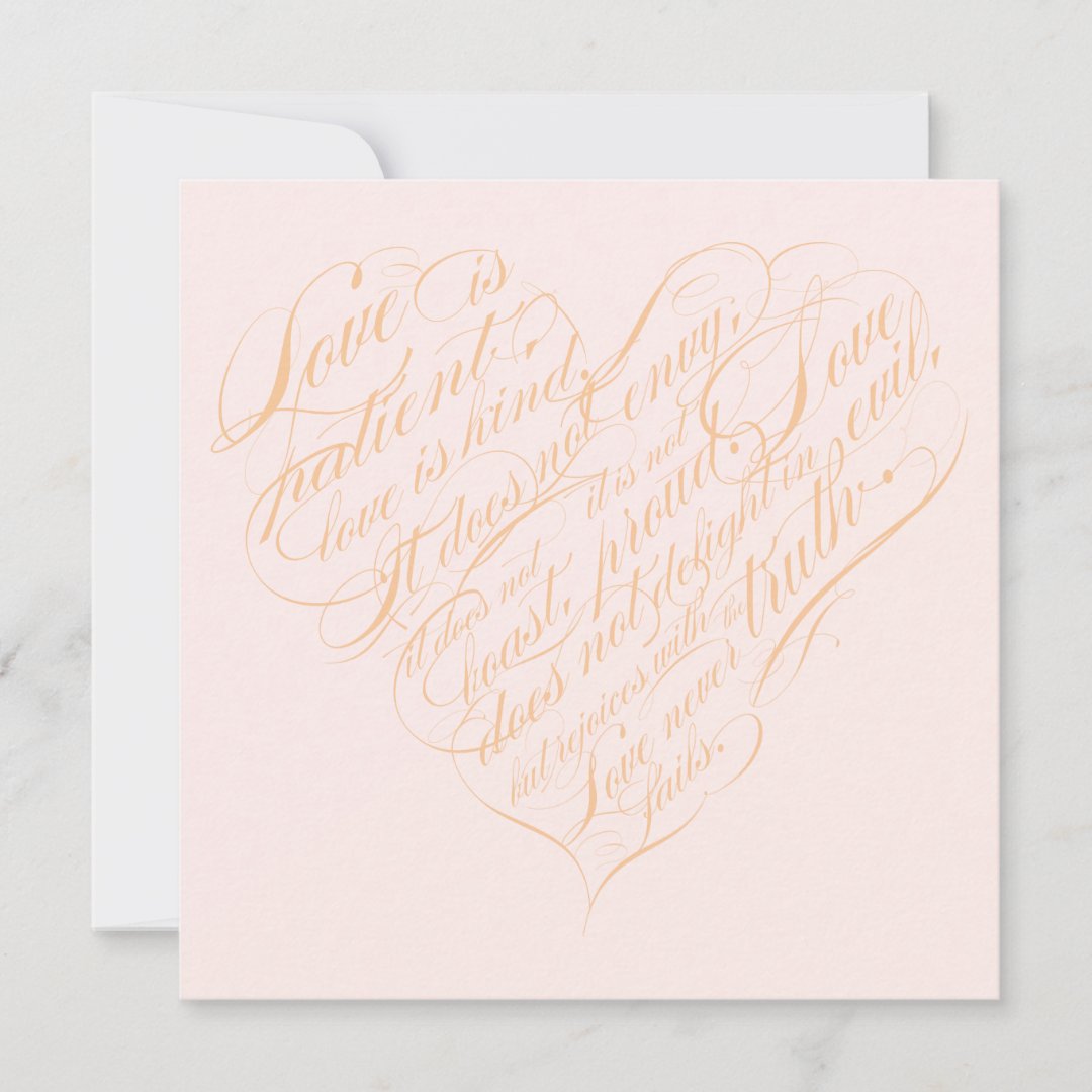Love is patient.. blush & gold calligraphy heart invitation | Zazzle