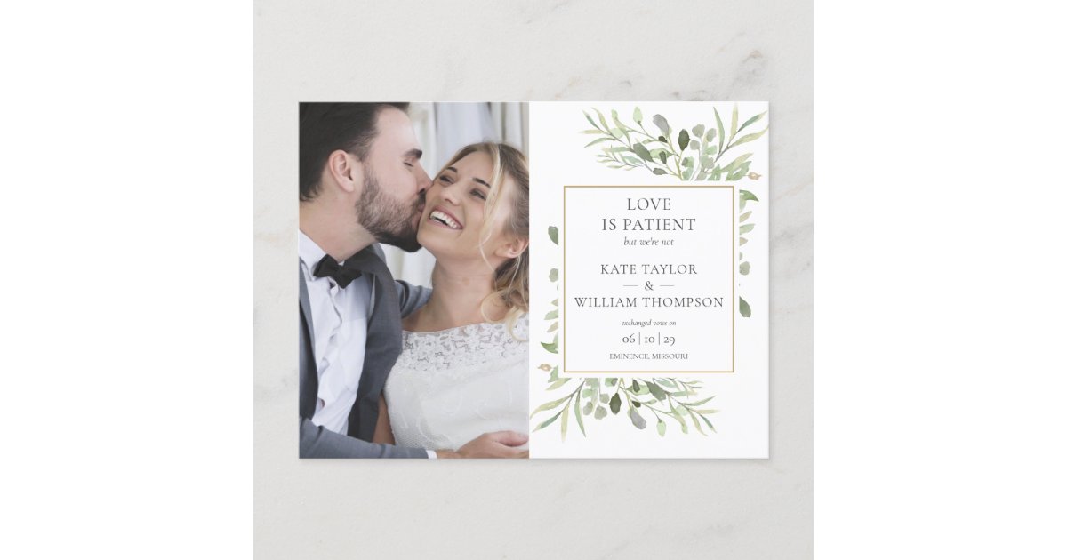 Love Is Patient Elopement Photo Wedding Announcement Postcard | Zazzle
