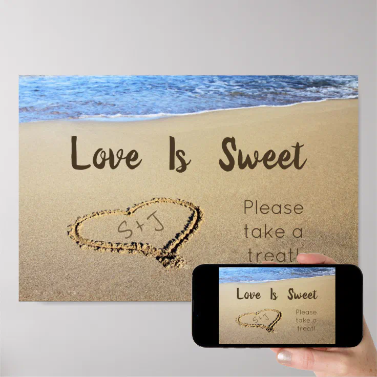 Love is Sweet Beach Wedding Initials in Sand Heart Poster | Zazzle