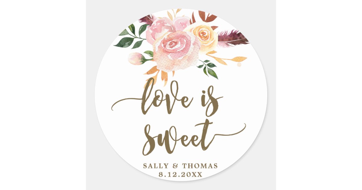 love is sweet boho floral pink favor sticker | Zazzle