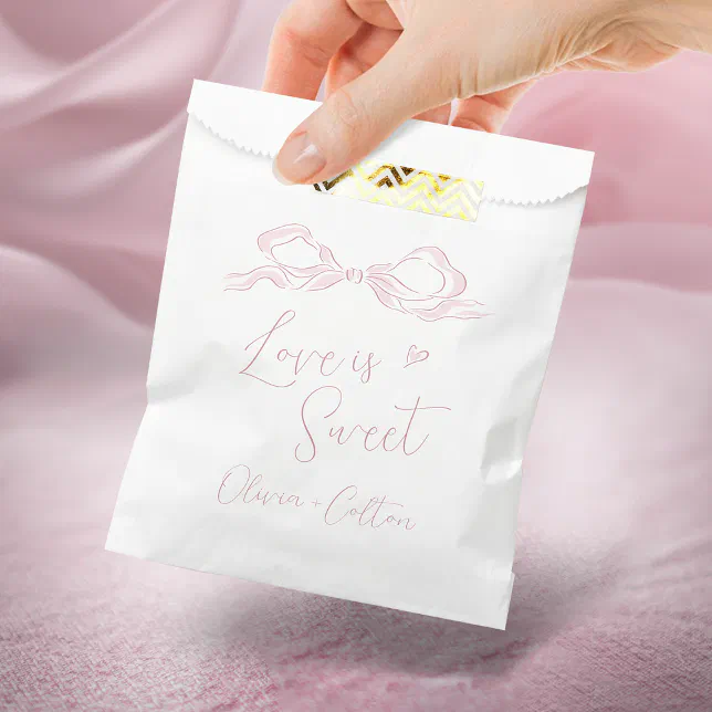 Love Is Sweet Elegant Pink Hand Draw Bow Wedding Favor Bag | Zazzle