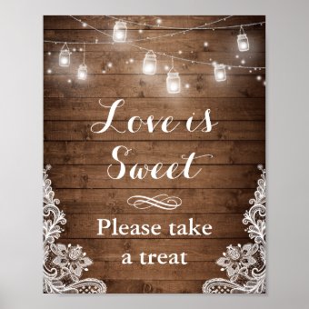Love is Sweet | Rustic Wood String Lights Lace Poster | Zazzle