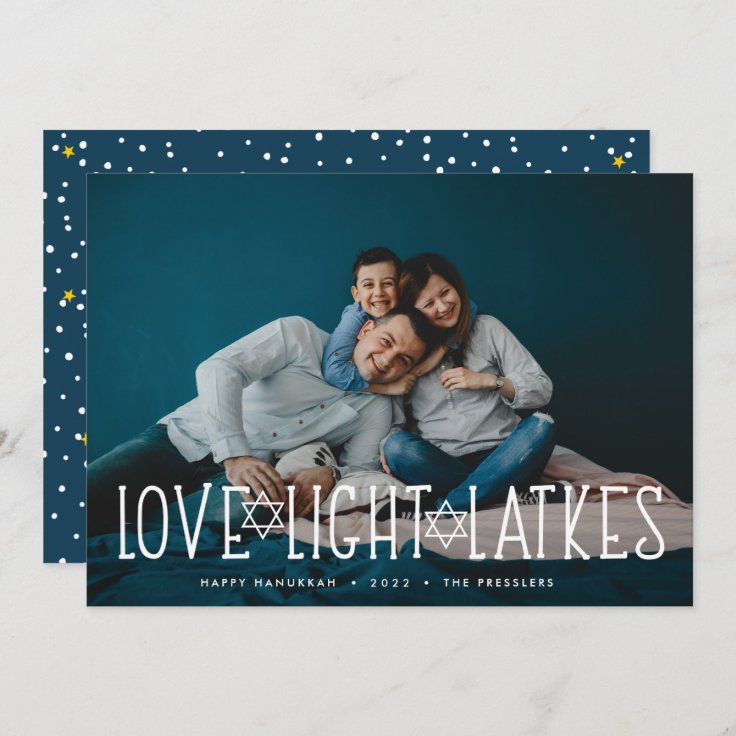 Love, Light & Latkes | Hanukkah Photo Card | Zazzle