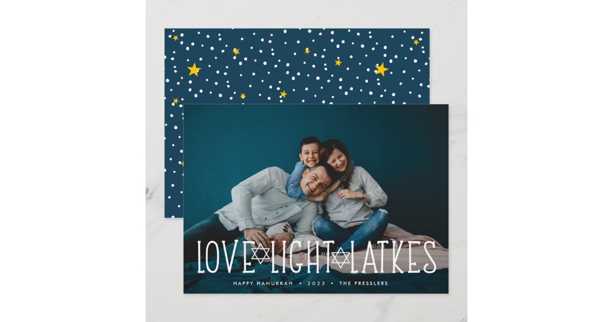 Love, Light & Latkes | Hanukkah Photo Card | Zazzle