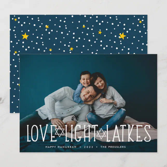 Love, Light & Latkes | Hanukkah Photo Card | Zazzle