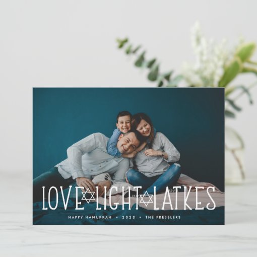 Love, Light & Latkes | Hanukkah Photo Card | Zazzle