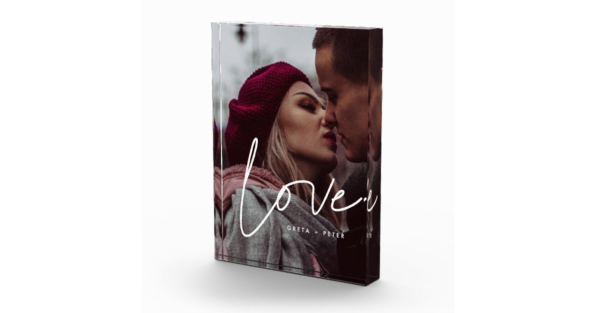 Love modern calligraphy couple photo block | Zazzle