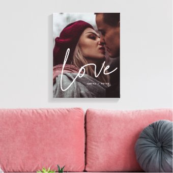 Love modern calligraphy couple photo canvas print | Zazzle