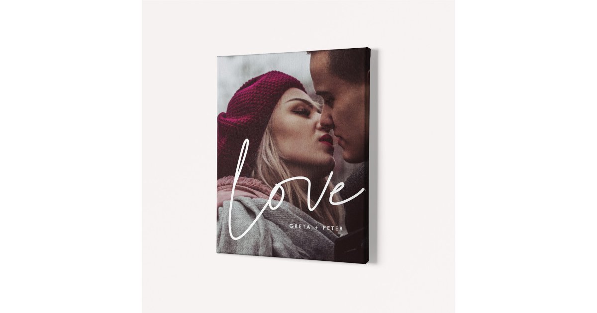Love modern calligraphy couple photo canvas print | Zazzle