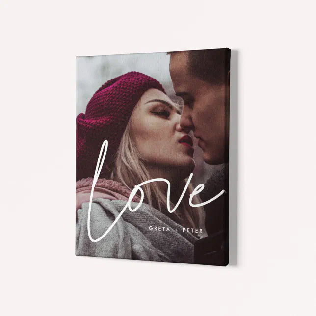Love modern calligraphy couple photo canvas print | Zazzle
