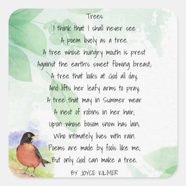 Love Nature Inspirational Poem Trees Kilmer Square Sticker | Zazzle