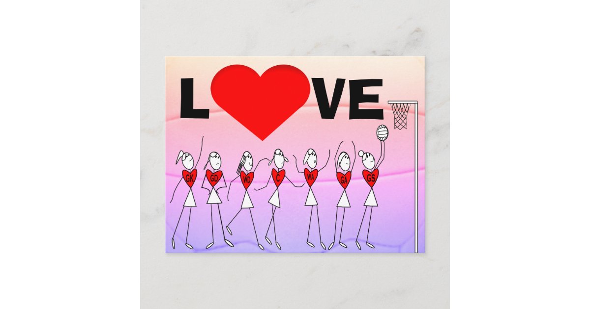 Love Netball Positions Stick Figures and Heart Postcard | Zazzle