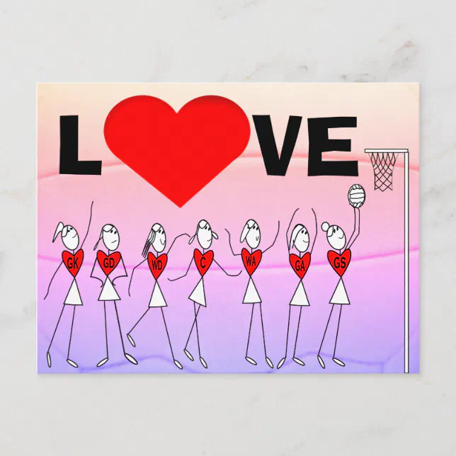 Love Netball Positions Stick Figures and Heart Postcard | Zazzle